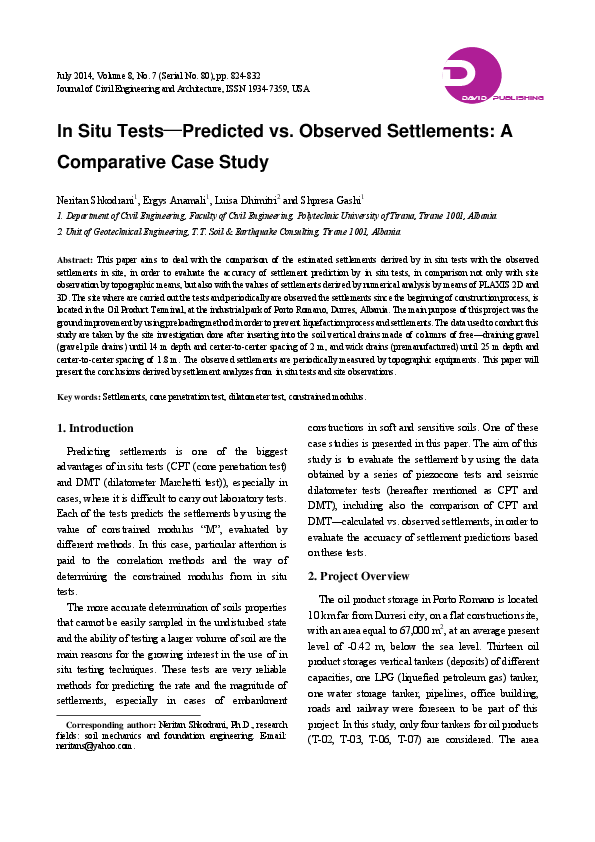 (PDF) In Situ Tests—Predicted vs. Observed Settlements: A Comparative ...