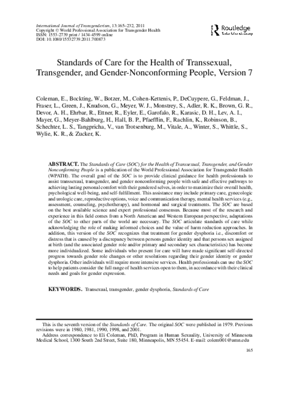 (PDF) Standards of Care for the Health of Transsexual, Transgender, and ...