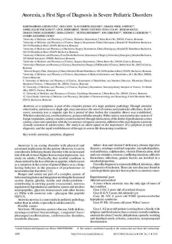 (PDF) Anorexia, a First Sign of Diagnosis in Severe Pediatric Disorders