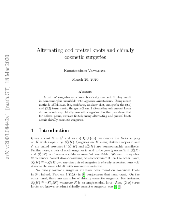 (PDF) Alternating odd pretzel knots and chirally cosmetic surgeries