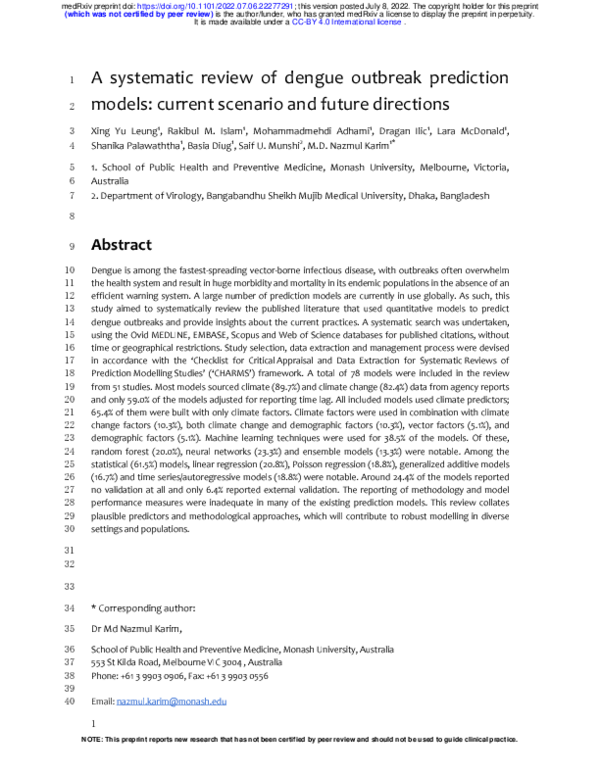 (PDF) A systematic review of dengue outbreak prediction models: current ...