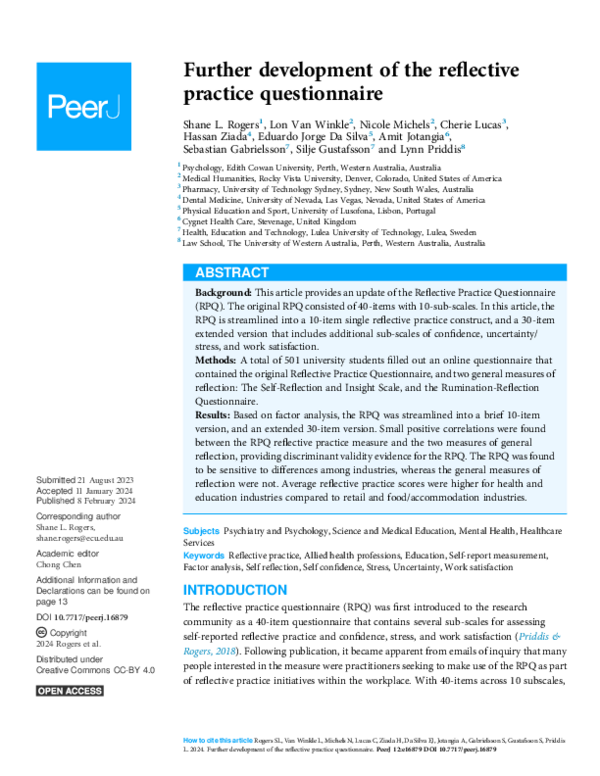(PDF) Further development of the reflective practice questionnaire