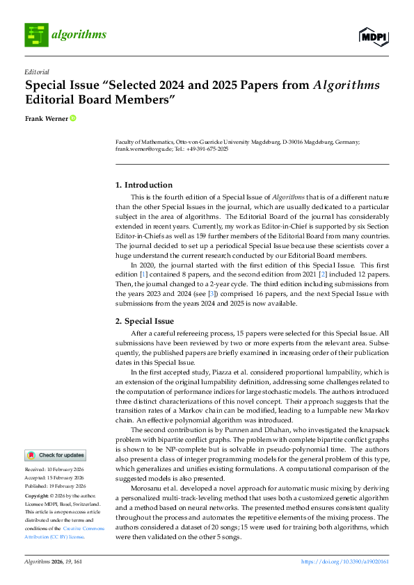 (PDF) Special Issue "Selected 2024 and 2025 Papers from Algorithms ...
