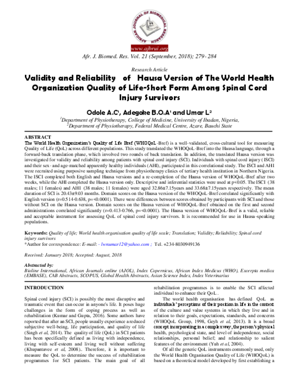 (PDF) Validity and Reliability of Hausa Version of The World Health ...