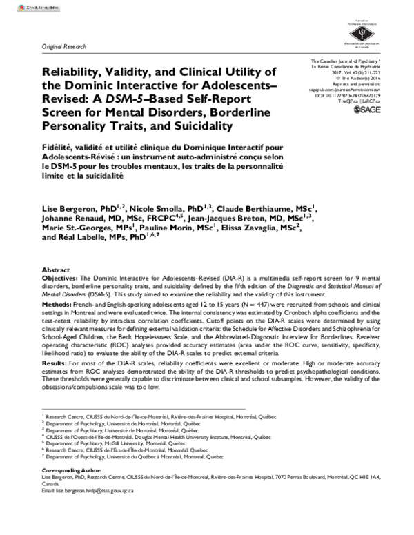 (PDF) Reliability, Validity, and Clinical Utility of the Dominic ...