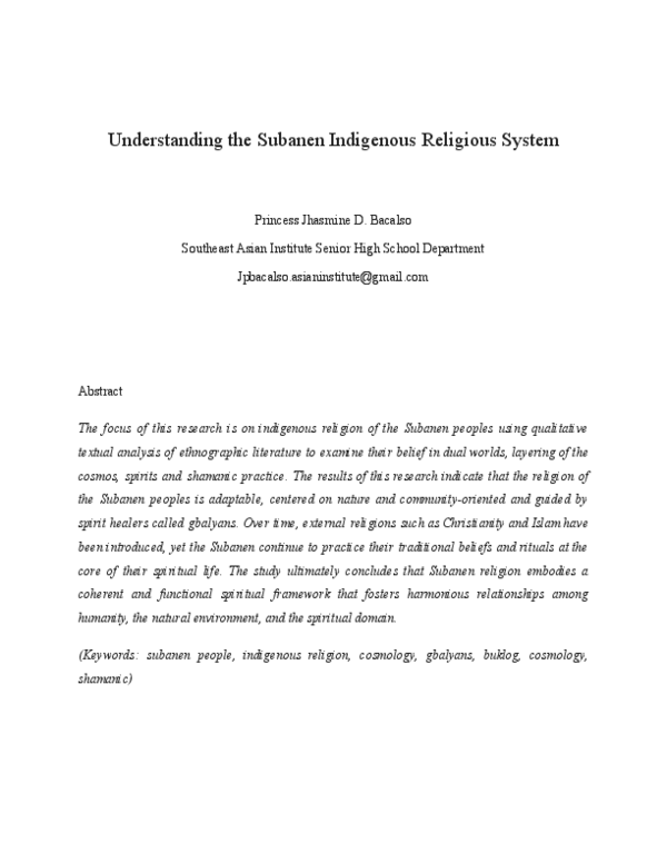 (PDF) Understanding the Subanen Indigenous Religious System