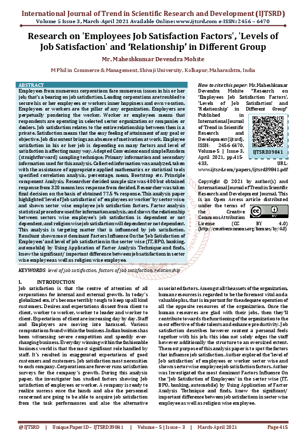(PDF) Research on 'Employees Job Satisfaction Factors', 'Levels of Job ...