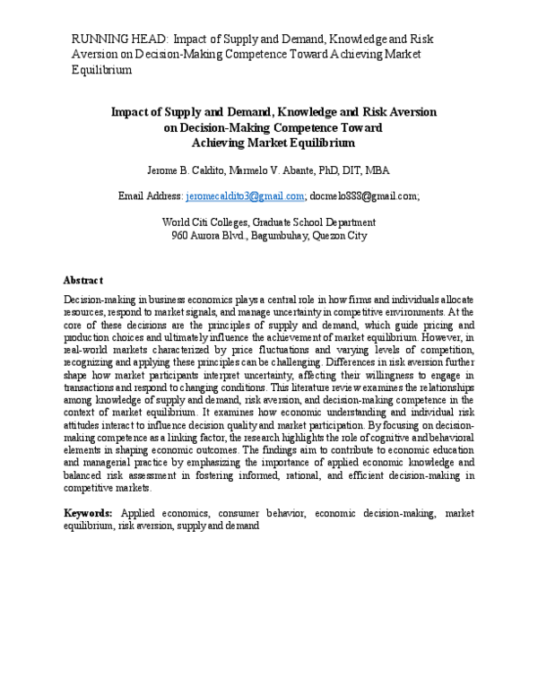 (PDF) Impact of Supply and Demand, Knowledge and Risk Aversion
