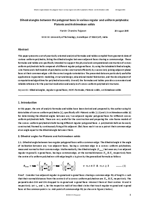 (PDF) Dihedral angles between the polygonal faces in various regular ...