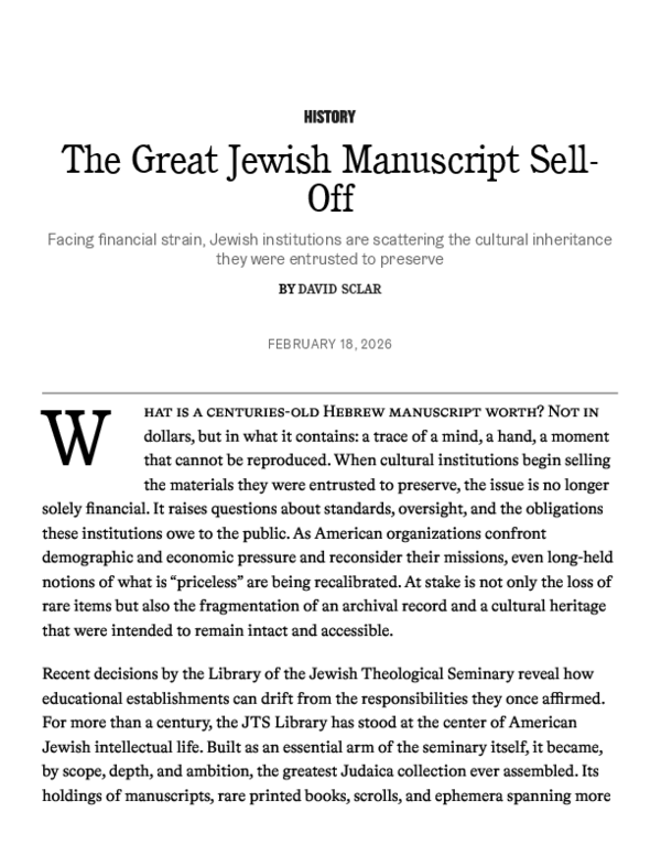 (PDF) David Sclar, "The Great Jewish Manuscript Sell-Off," Tablet ...