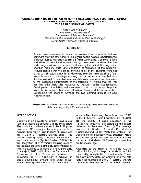 (PDF) CRITICAL THINKING, RETENTION MEMORY SKILLS, AND ACADEMIC ...
