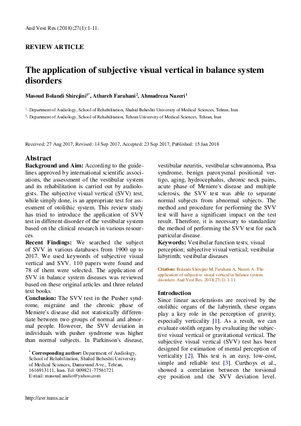 (PDF) The application of subjective visual vertical in balance system ...