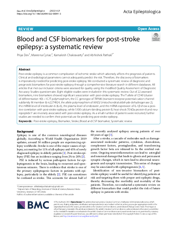 (PDF) Blood and CSF biomarkers for post-stroke epilepsy: a systematic ...