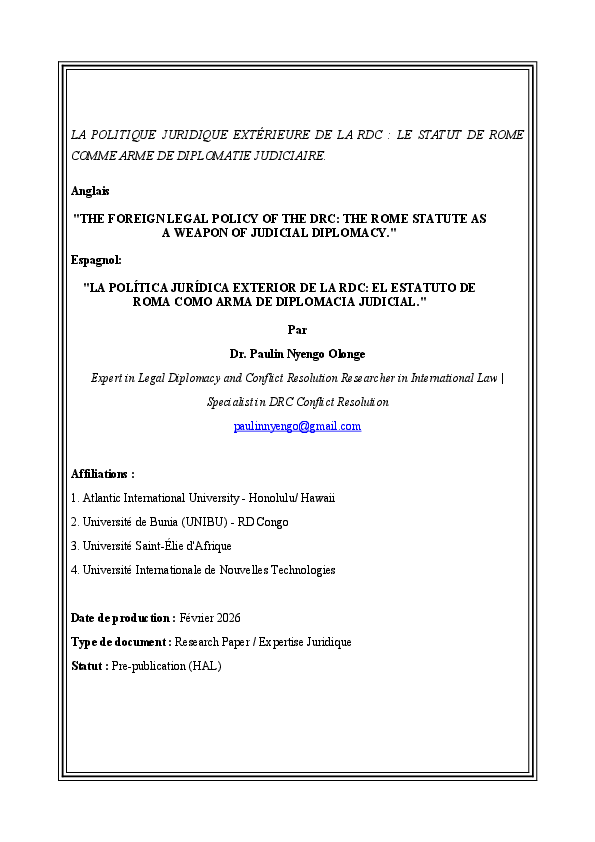 (PDF) "THE FOREIGN LEGAL POLICY OF THE DRC: THE ROME STATUTE AS A ...