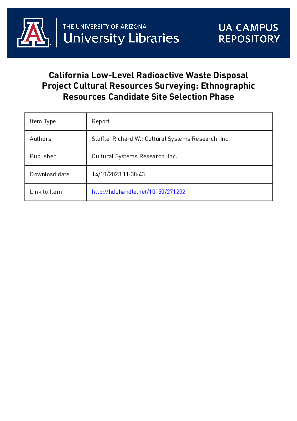 (PDF) California Low-Level Radioactive Waste Disposal Project Cultural ...