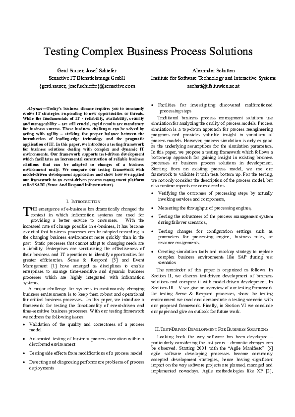 (PDF) Testing Complex Business Process Solutions