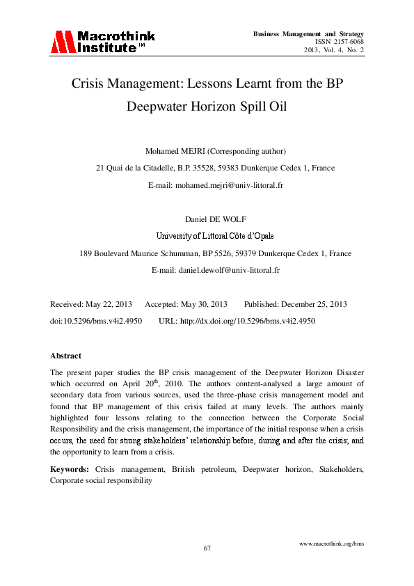 (PDF) Crisis Management: Lessons Learnt from the BP Deepwater Horizon ...