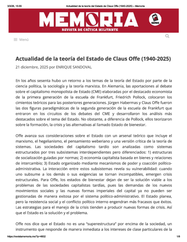 (PDF) Actualidad de la teoría del Estado de Claus Offe
