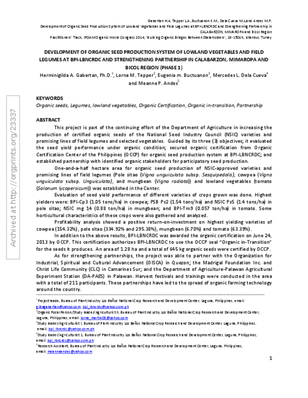 (PDF) Development of Organic Seed Production System of Lowland ...