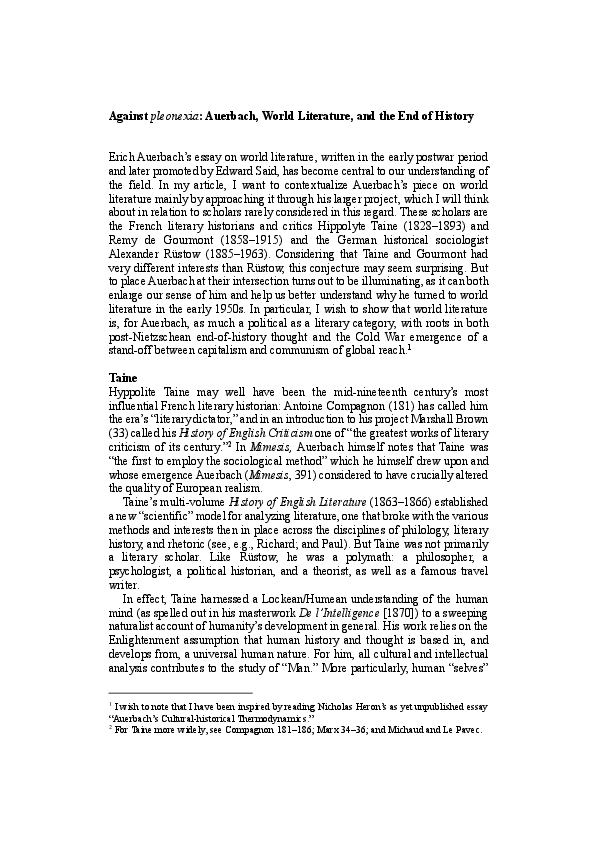 (PDF) Against pleonexia: Auerbach, World Literature, and the End of History