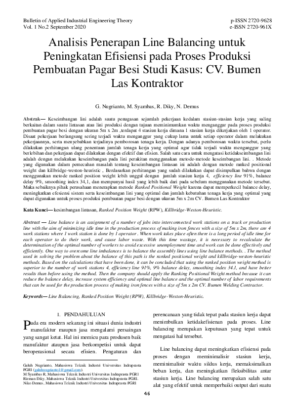 (PDF) Analisis Penerapan Line Balancing untuk Peningkatan Efisiensi ...