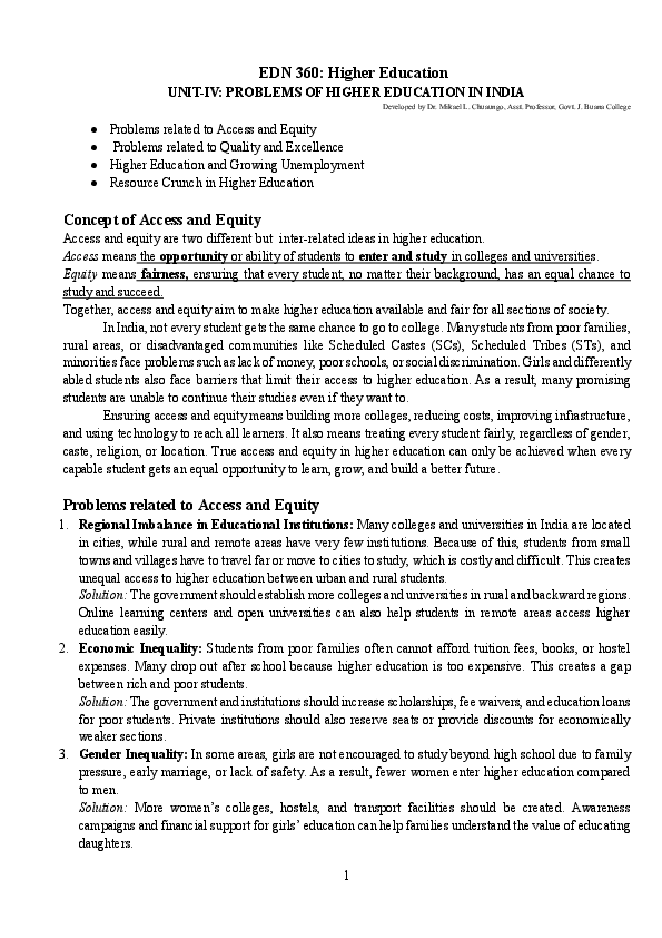 (PDF) EDN 360: Higher Education UNIT-IV: PROBLEMS OF HIGHER EDUCATION ...