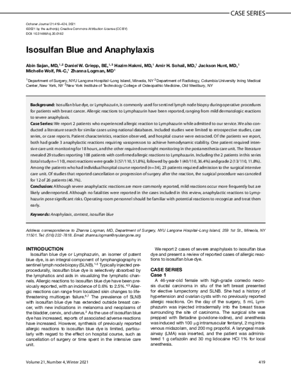 (PDF) Isosulfan Blue and Anaphylaxis