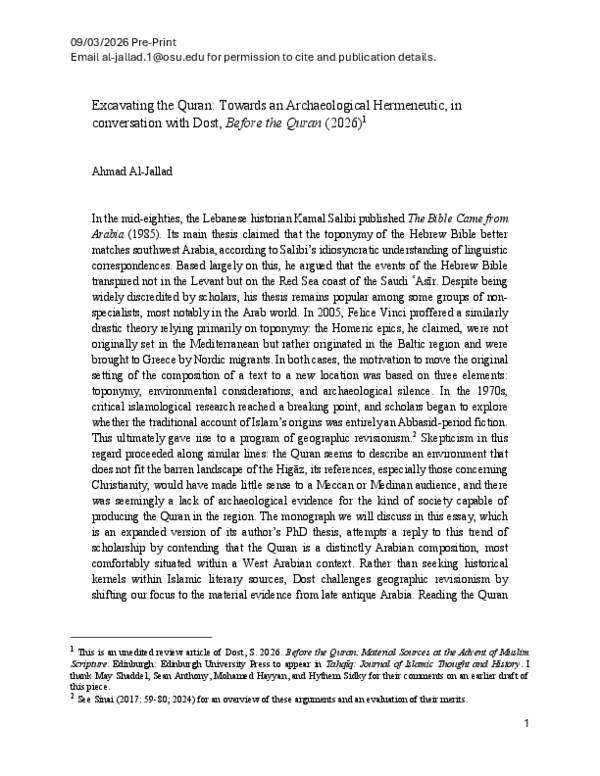 (PDF) Al-Jallad. Pre-Print. Excavating the Quran: Towards an ...