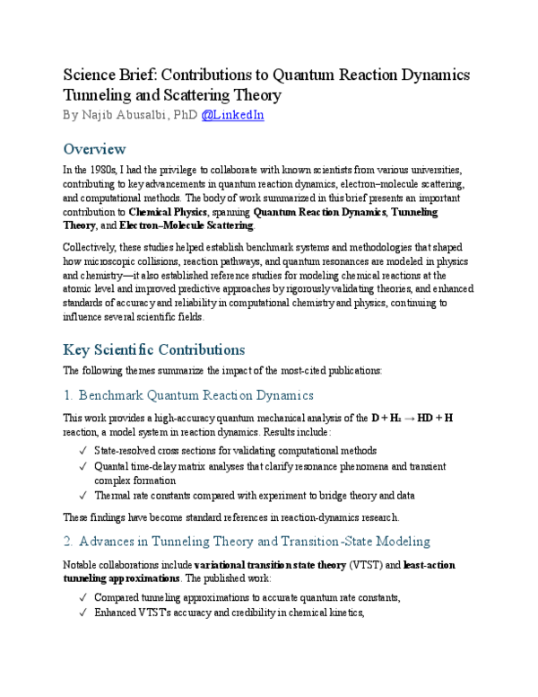(PDF) Science Brief: Contributions to Quantum Reaction Dynamics ...