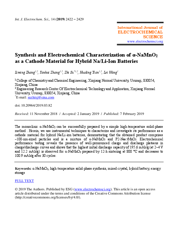 (PDF) Synthesis and Electrochemical Characterization of α-NaMnO2 as a ...