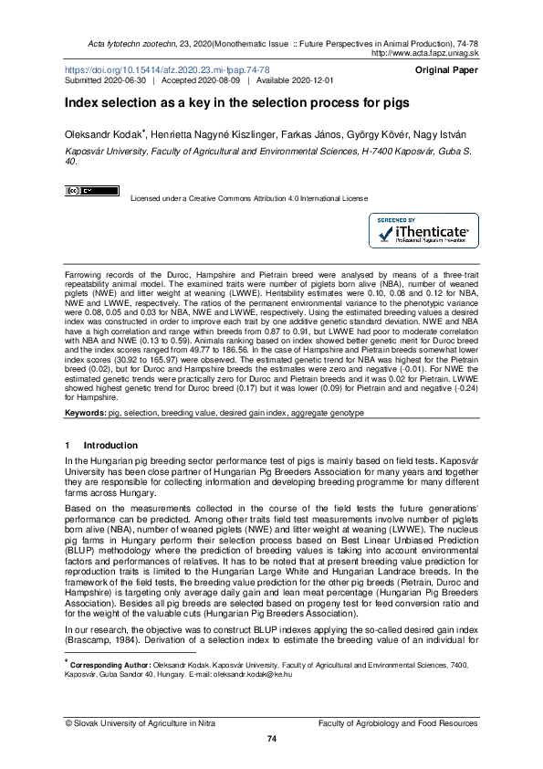 (PDF) Index selection as a key in the selection process for pigs