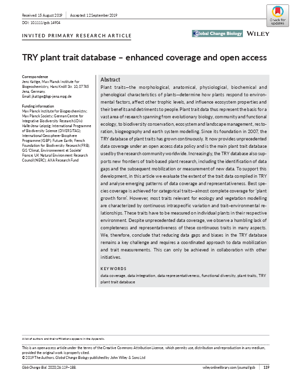 (PDF) TRY plant trait database – enhanced coverage and open access