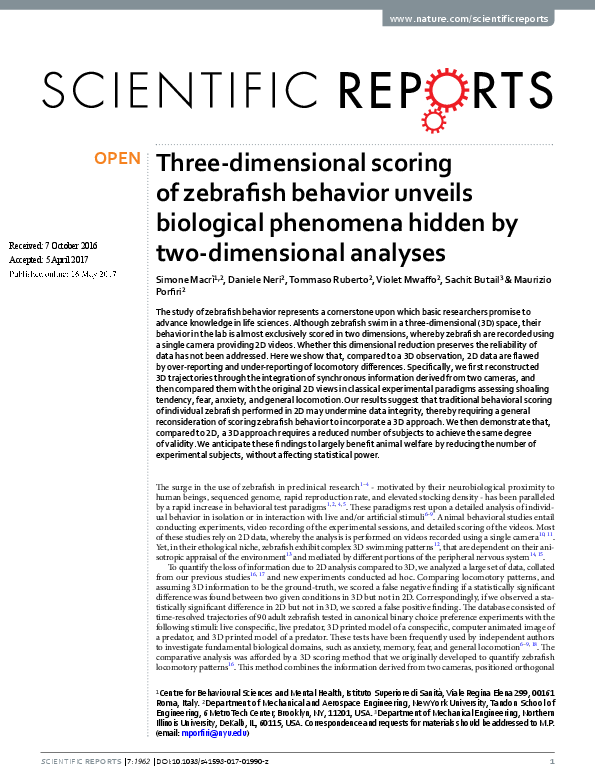 (PDF) Three-dimensional scoring of zebrafish behavior unveils ...
