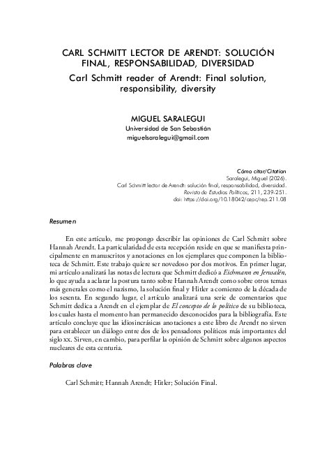 (PDF) CARL SCHMITT LECTOR DE ARENDT: SOLUCIÓN FINAL, RESPONSABILIDAD ...