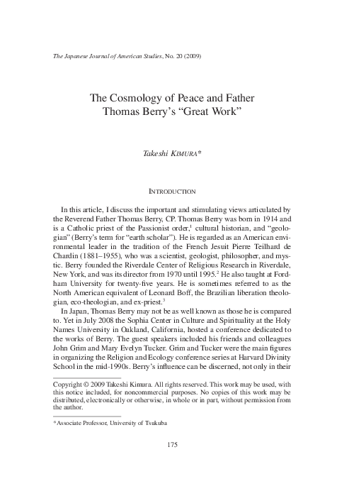 (PDF) The Cosmology of Peace and Father Thomas Berry ’ s “ Great Work