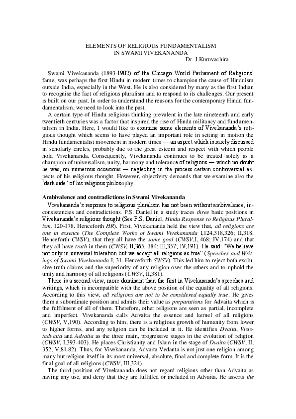 (PDF) ELEMENTS OF RELIGIOUS FUNDAMENTALISM IN SWAMI VIVEKANANDA