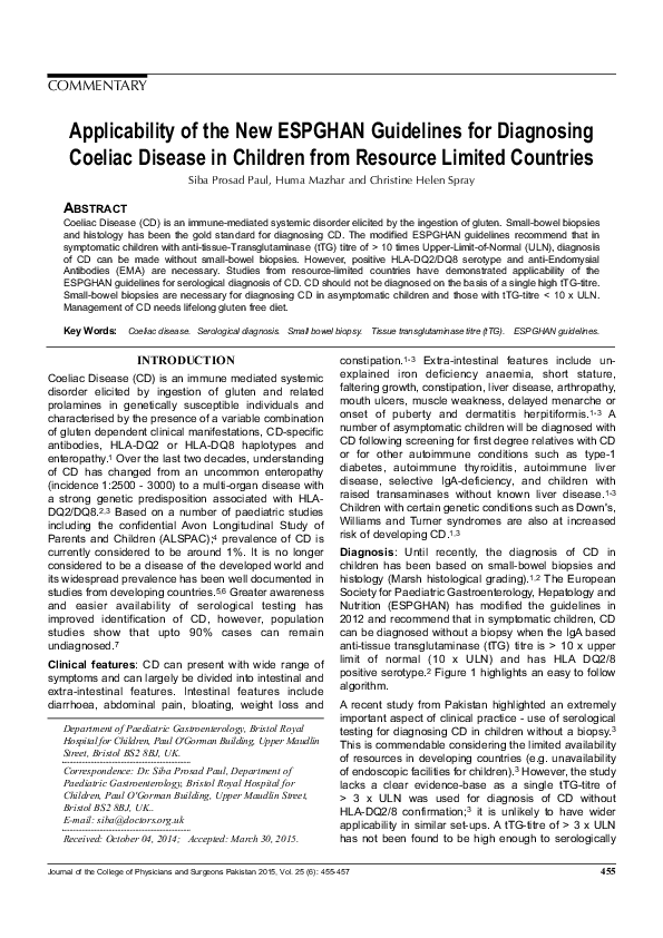 (PDF) Applicability of the New ESPGHAN Guidelines for Diagnosing ...