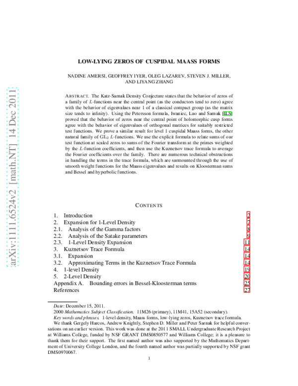 (PDF) Low-lying Zeros of Cuspidal Maass Forms