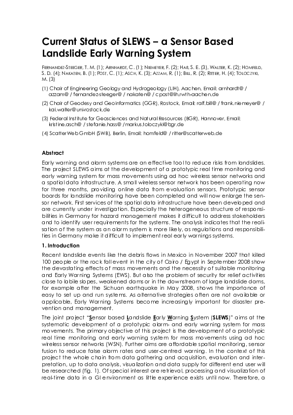(PDF) Current Status of SLEWS - a Sensor Based Landslide Early Warning System.