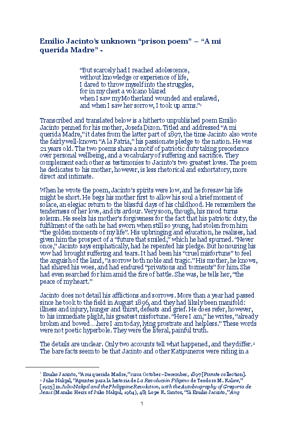 (PDF) Emilio Jacinto's unknown "prison poem" -"A mi querida Madre"
