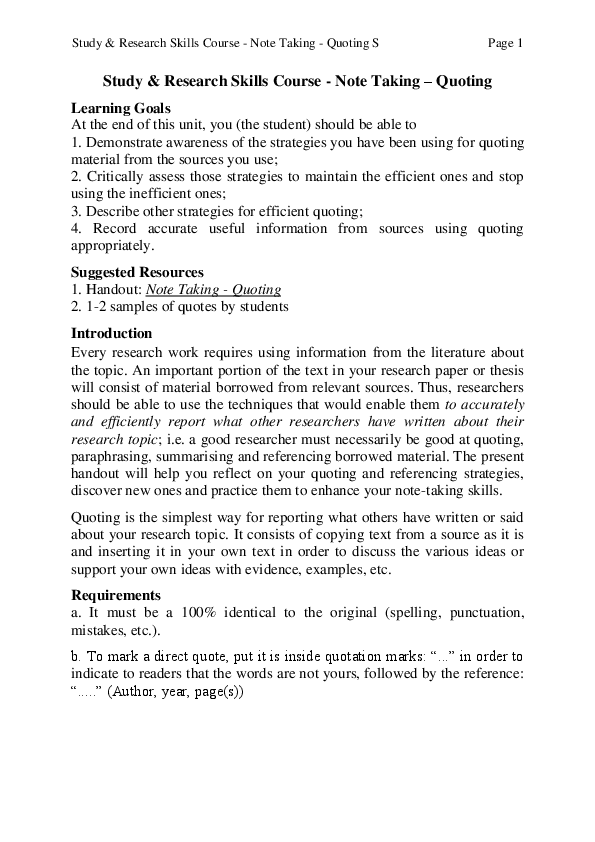 (PDF) Study & Research Skills Course - Note Taking - Quoting