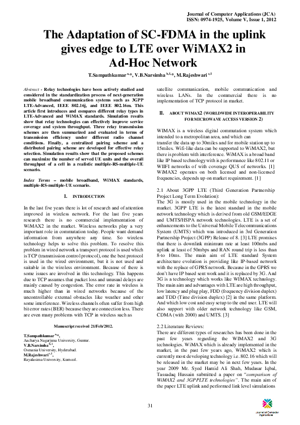 (PDF) The Adaptation of SC-FDMA in the uplink gives edge to LTE over WiMAX2 in Ad-Hoc Network