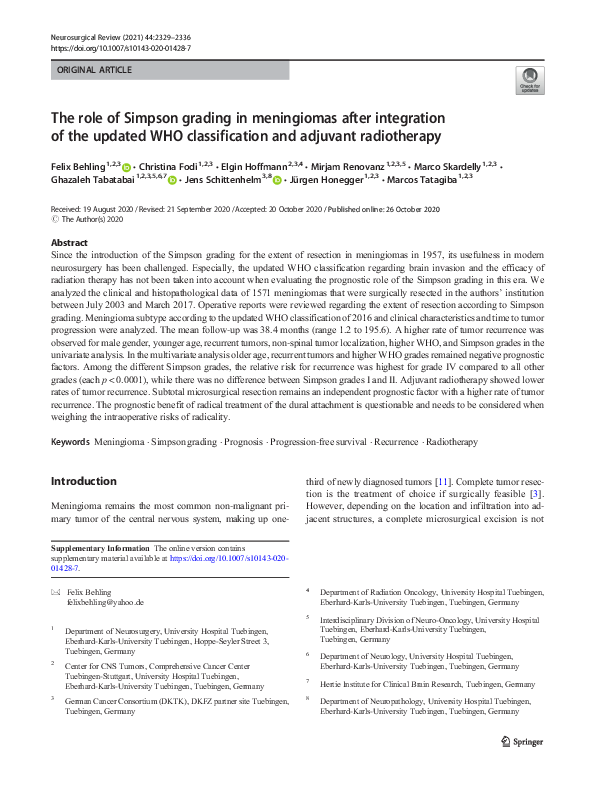 (PDF) The role of Simpson grading in meningiomas after integration of ...