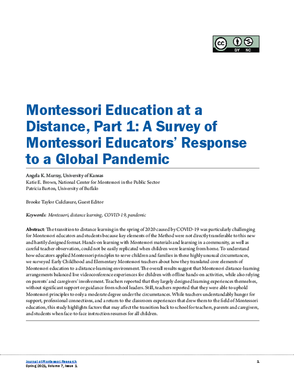 (PDF) Montessori Education at a Distance, Part 1