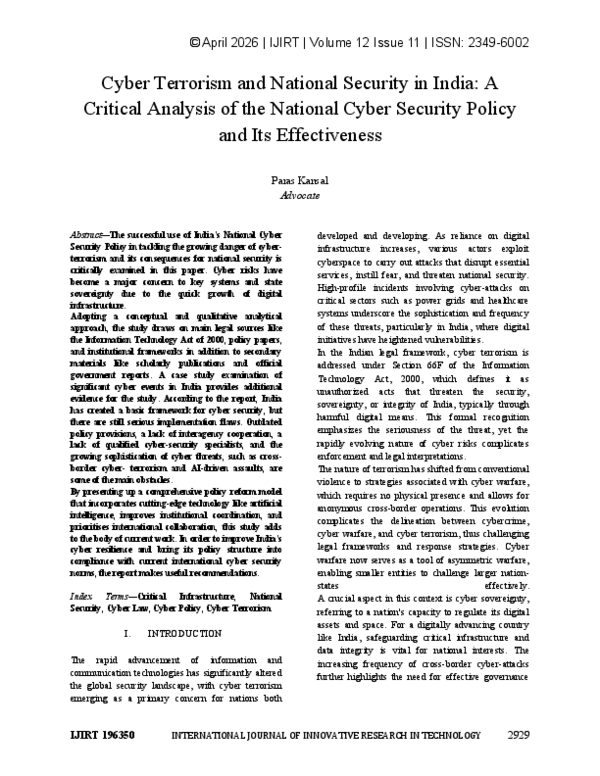 (PDF) Cyber Terrorism and National Security in India: A Critical ...