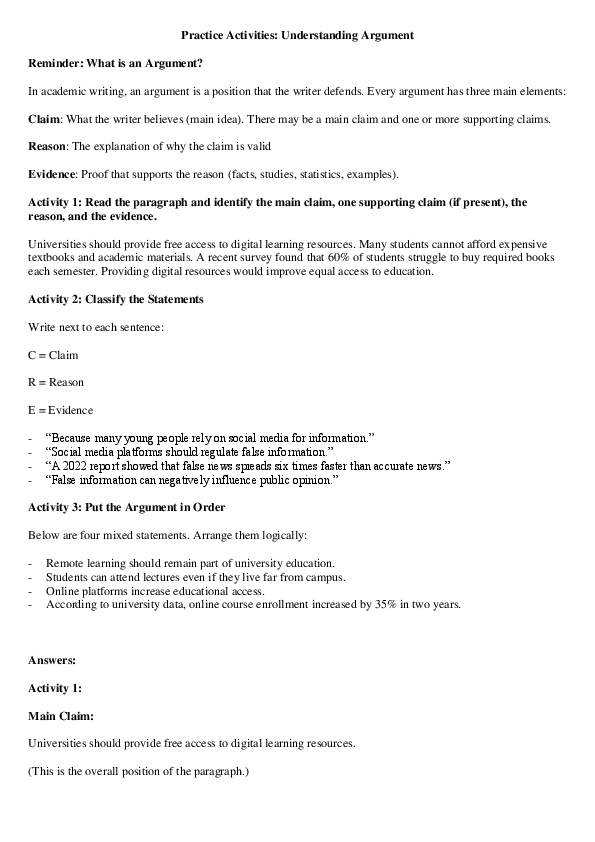 (PDF) Practice Activities: Understanding Argument Reminder: What is an ...