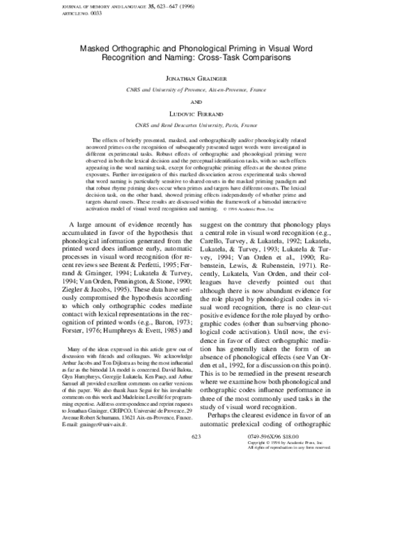 (PDF) Masked Orthographic and Phonological Priming in Visual Word ...