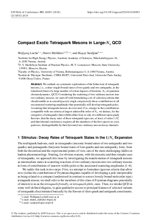 (PDF) Compact Exotic Tetraquark Mesons in Large-Nc QCD