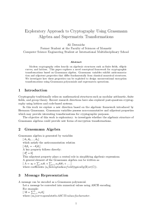 (PDF) Exploratory Approach to Cryptography Using Grassmann Algebra and ...