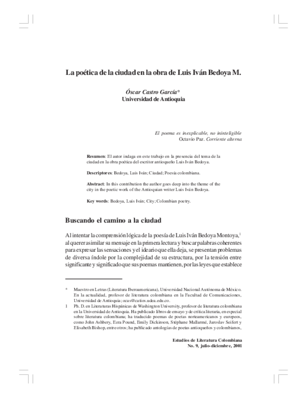 (PDF) La poética de la ciudad en la obra de Luis Iván Bedoya M
